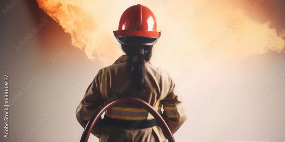 Firefighting Heroism: Female Firefighter in Uniform Holds Red Fire Hose ...