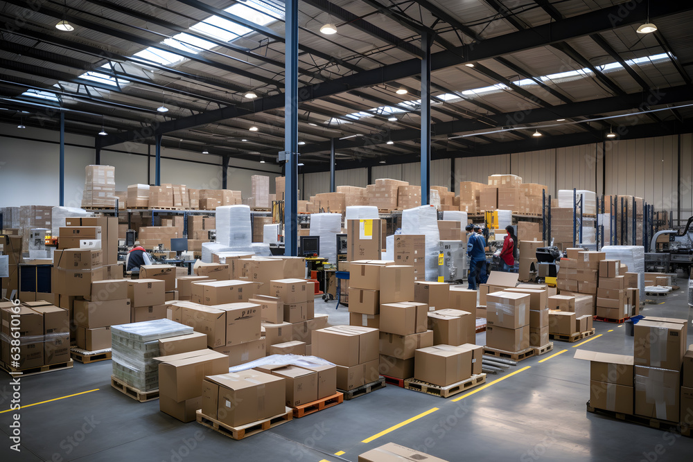 Warehouse with workers packaging medical supplies for distribution ...