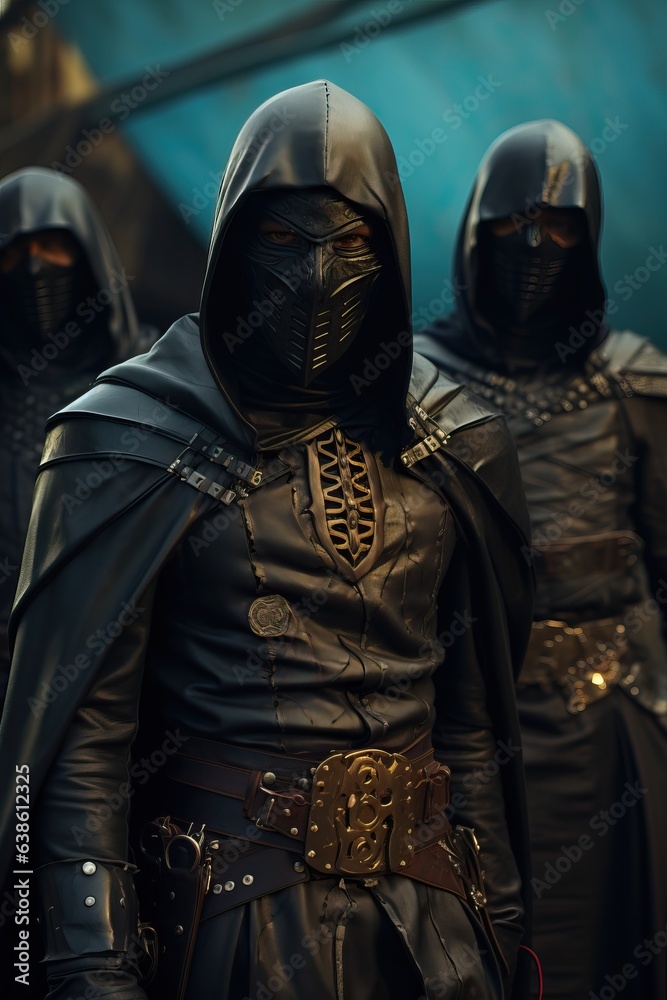 a group of people wearing black masks and black cloaks. Generative AI ...