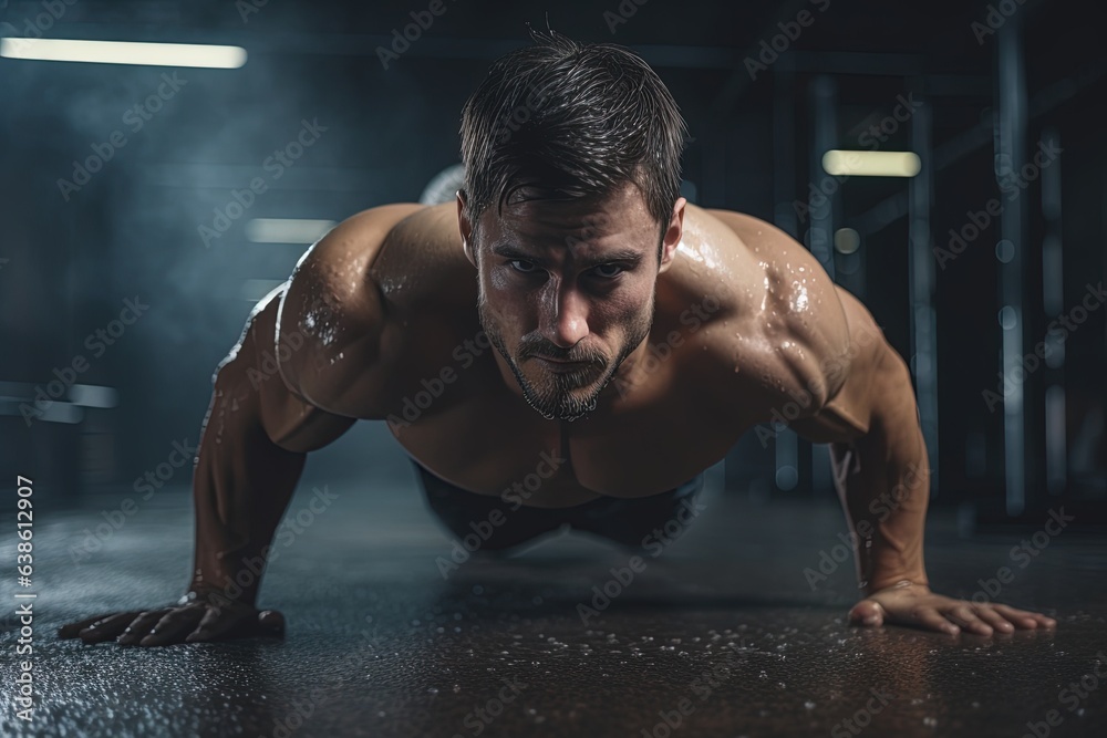 Athlete with healthy muscular body doing pushups in a gym. Stock Photo ...