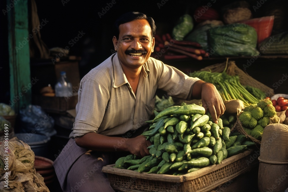 Happy Indian vegetable salesman sitting in shop at market. Stock Photo ...