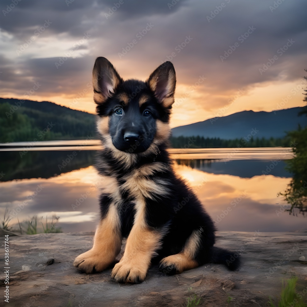 Perrito pastor alemán sentado junto a un lago con montañas y una puesta ...