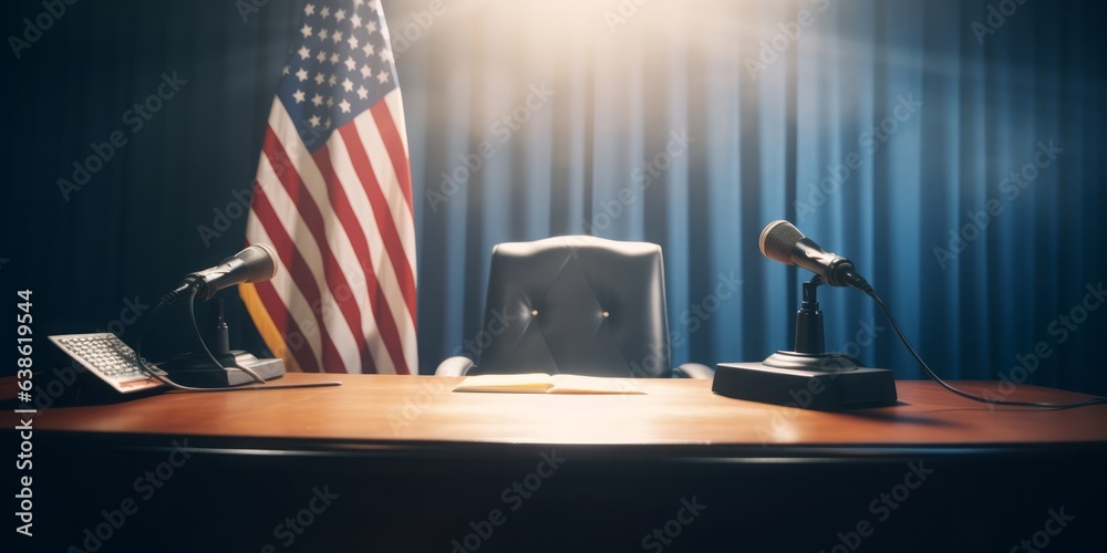 Presidential Address: High Desk with Microphone in Front of Wavy USA ...