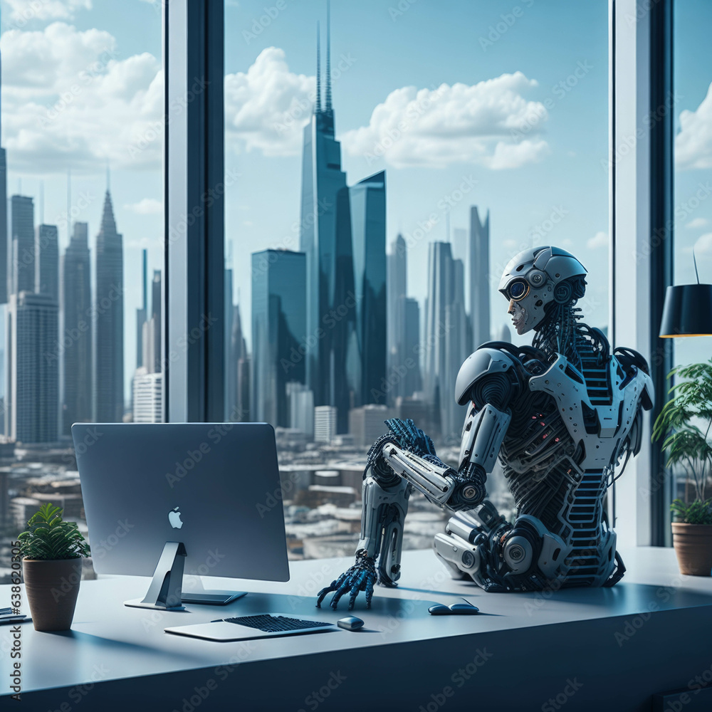 Realistic Cyborg Robot Working On Computer Laptop In Modern Building ...