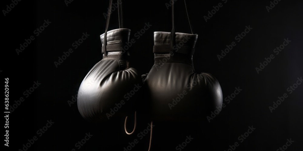 Sports Training: Pair of Black Boxing Gloves Hang over Metal Pole on ...