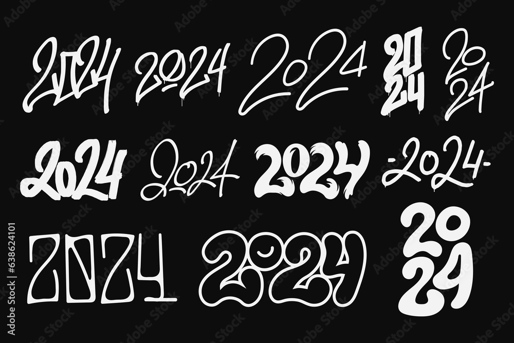 2024 New Year number collection in hand drawn style. 2024 handwritten ...