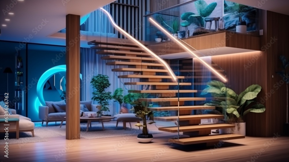 A staircase with wooden steps and a glass railing, a column, an indoor ...