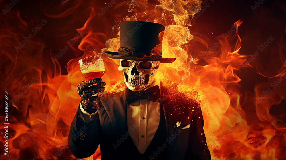 Caveira com chapéu-coco, apontando o dedo para a câmera, bandeira de vinho, fundo em chamas de ...