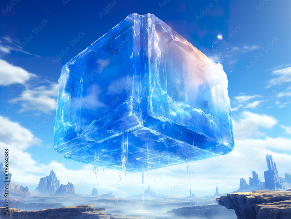 A colossal cube-shaped mass of vibrant blue energy hovers in the sky ...