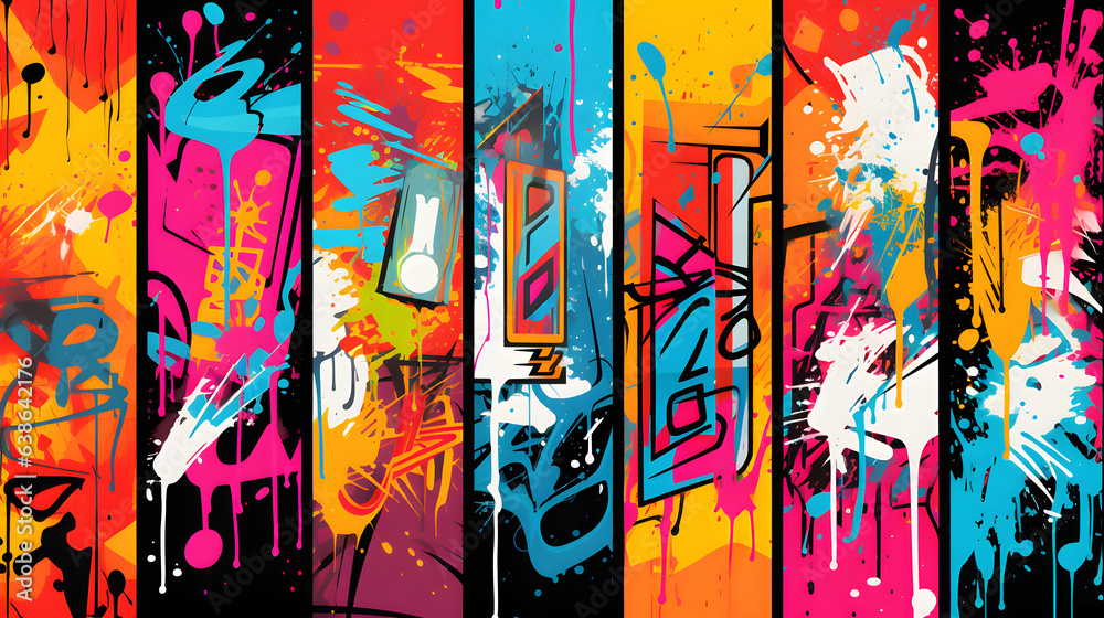 Abstract graffiti poster with colorful tags, paint splashes, scribbles ...