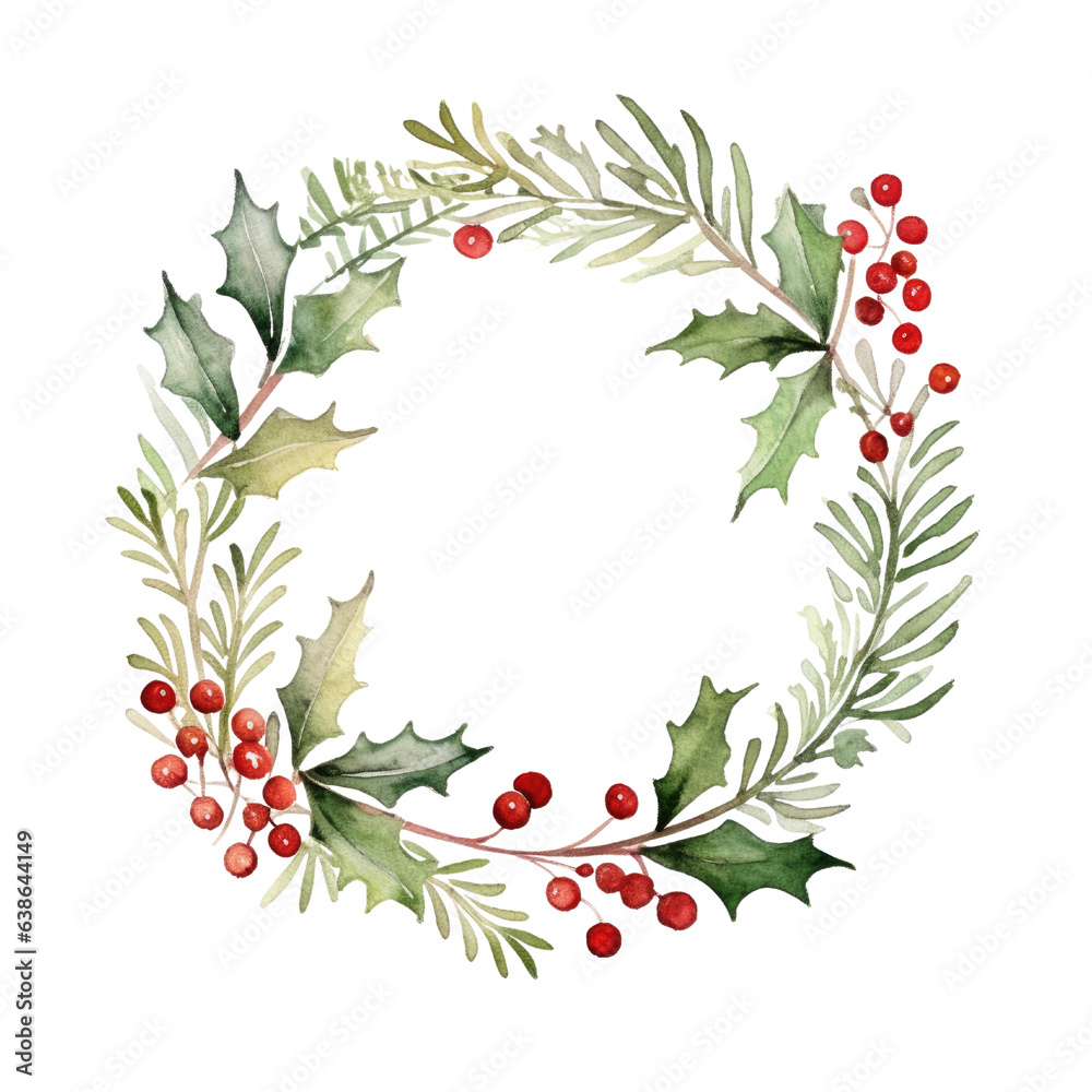 Holly Leaves And Berry Christmas Wreath Watercolour Illustration