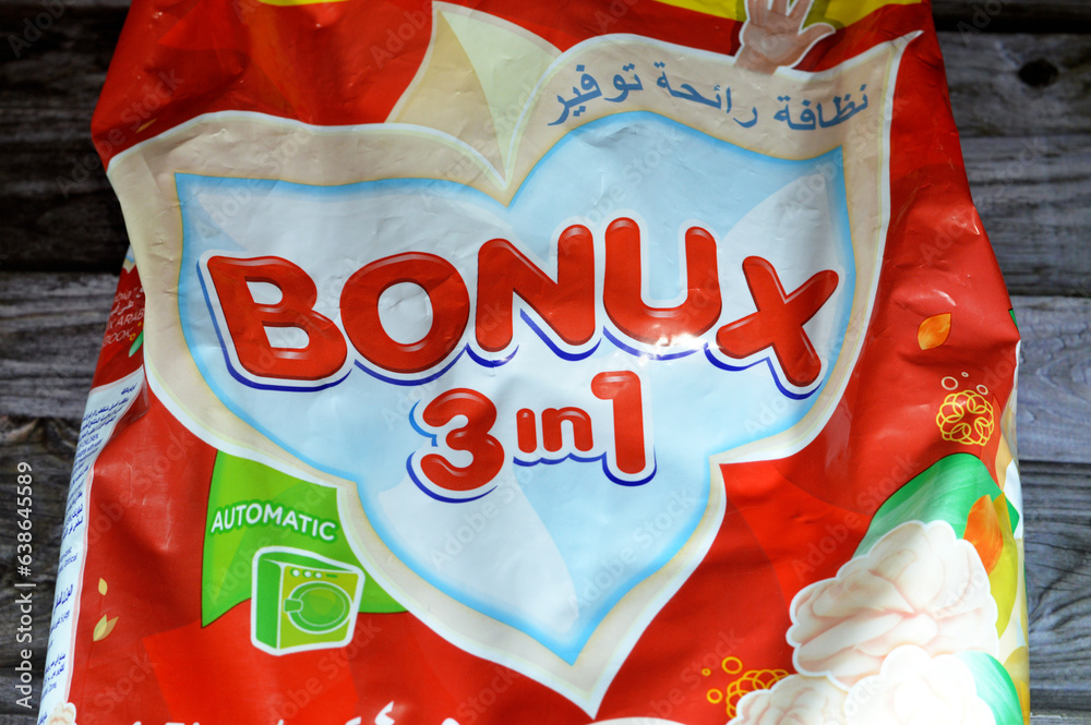 Cairo, Egypt, August 17 2023: Bonux automatic laundry detergent powder ...