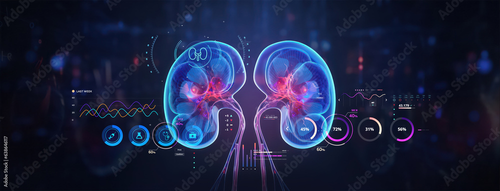 futuristic medical research or kidney health care with diagnosis and ...