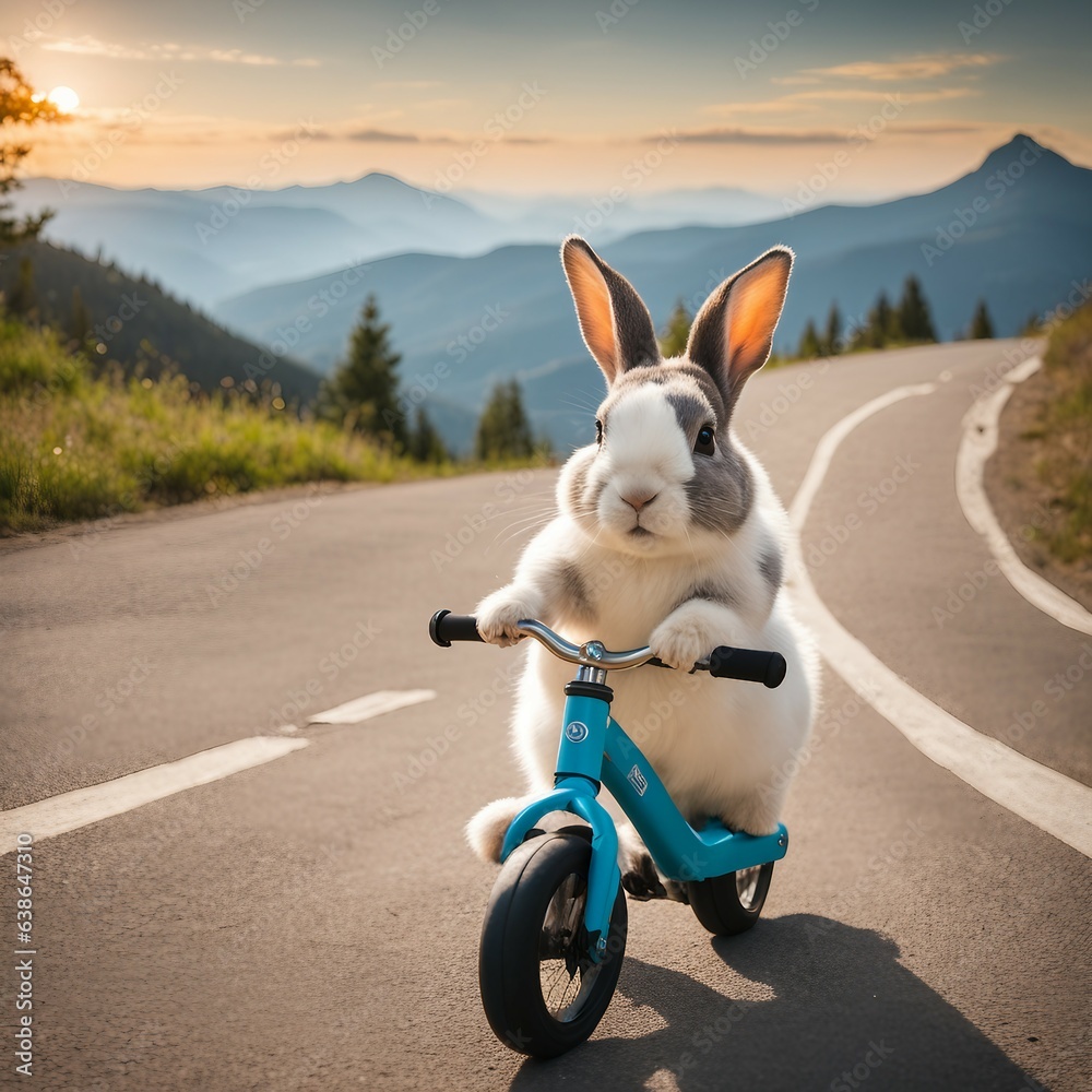 Holland lop rabbit riding a bike up the mountain Stock Photo | Adobe Stock
