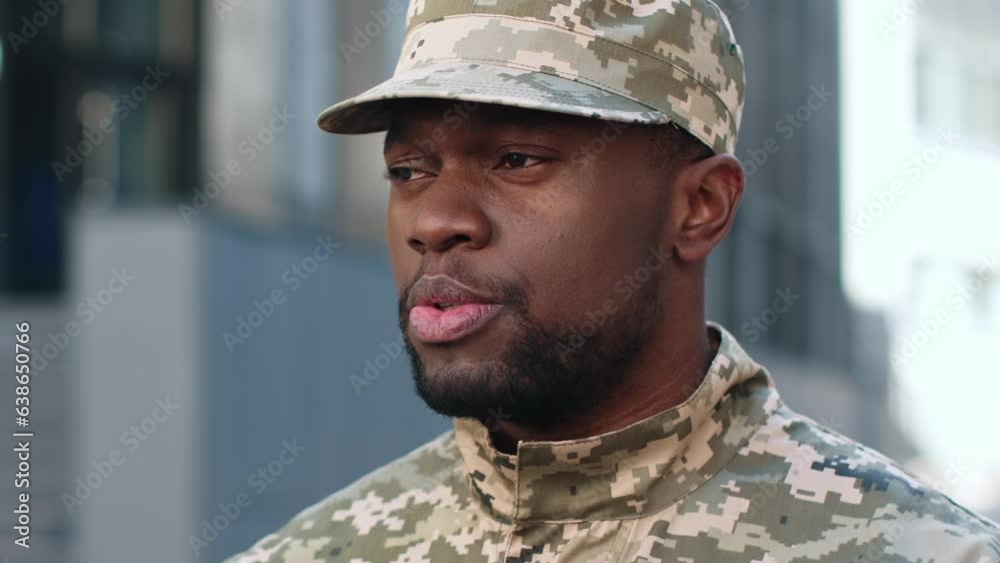 Close up portrait of African American officer in special military ...