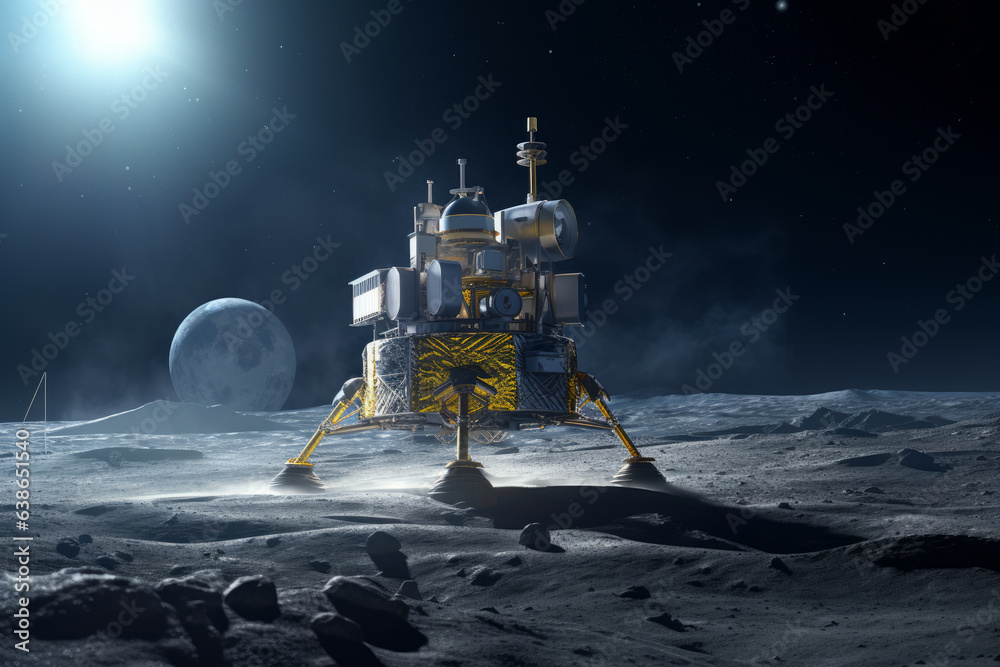 Lunar spacecraft lander module sitting on the Moon's south pole. Lunar ...