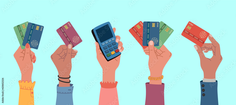 Diverse hands holding credit cards and payment terminal. Concept of ...