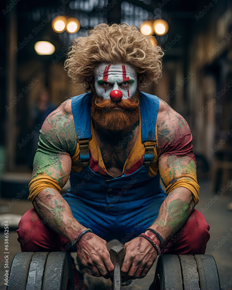 A muscular clown defies expectations, embodying a fusion of fitness and ...