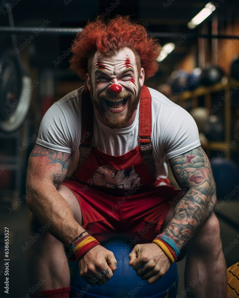 A muscular clown defies expectations, embodying a fusion of fitness and ...