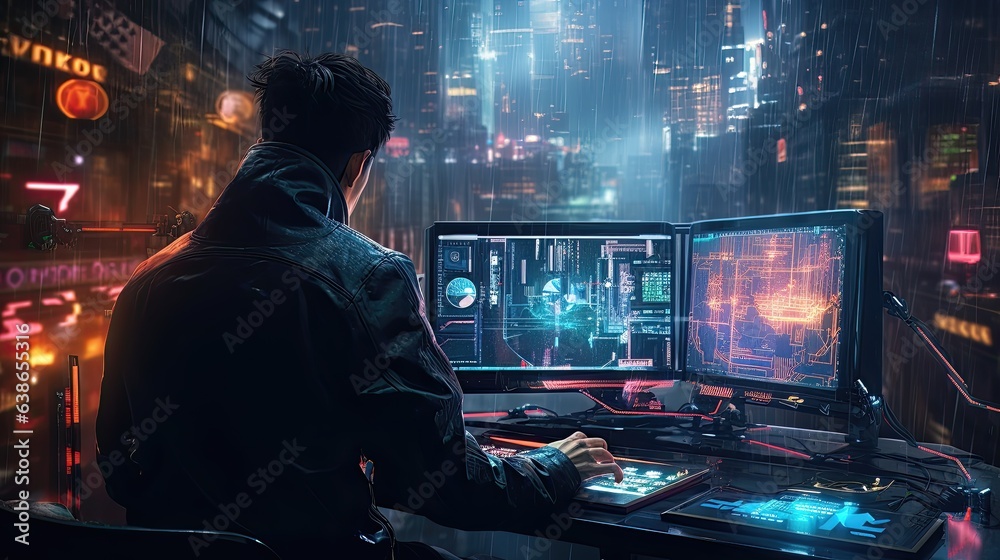 cyberpunk prompt engineer is hacking severals holographic interfaces ...