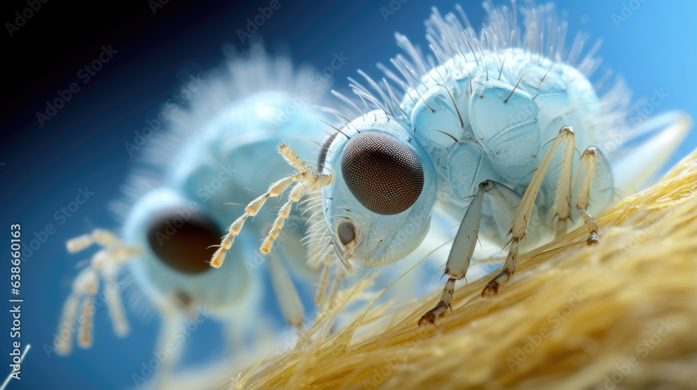 A closeup of two microscopic insects each slightly larger than the head ...