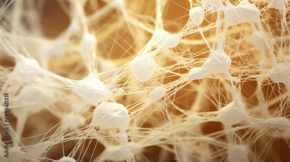 A close up macro image of microscopic connective tissue appears as a ...