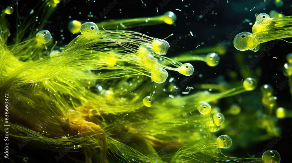 This image captures a closeup view of microscopic algae swimming in an ...