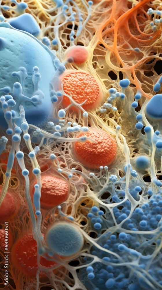 A closer view reveals the complex network of organelles and other ...