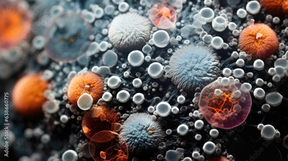 This macro image features a multitude of microscopic particles. The ...