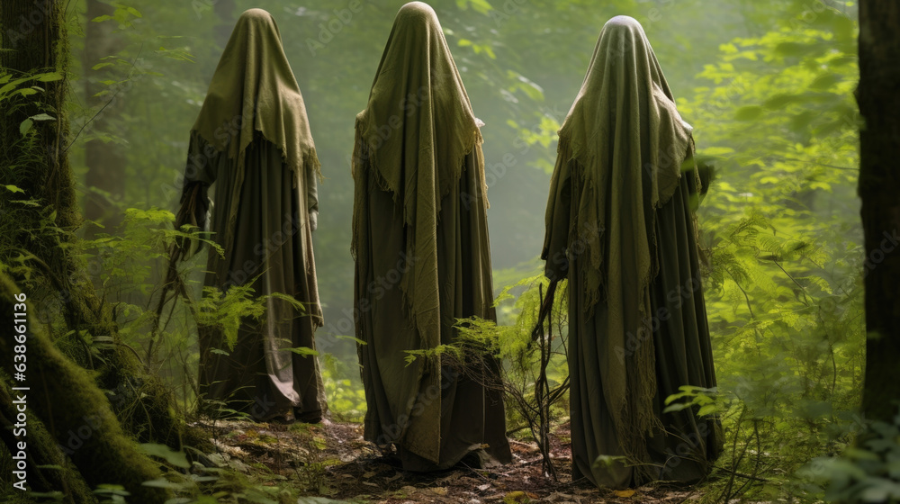 In the woods an ancient figure stands cloaked in green robes that are ...