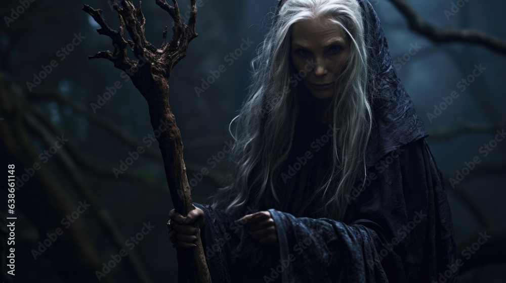 Behind her stood an ancient witch facing the darkness dd in a tattered ...