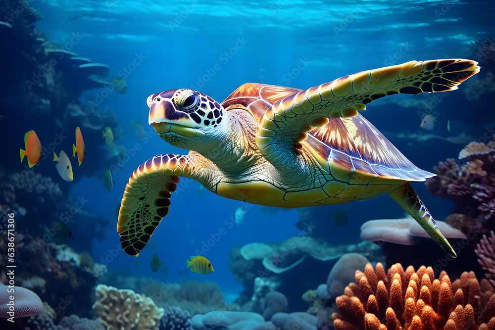 Sea turtle swims along coral reefs underwater world, Turtles swimming ...