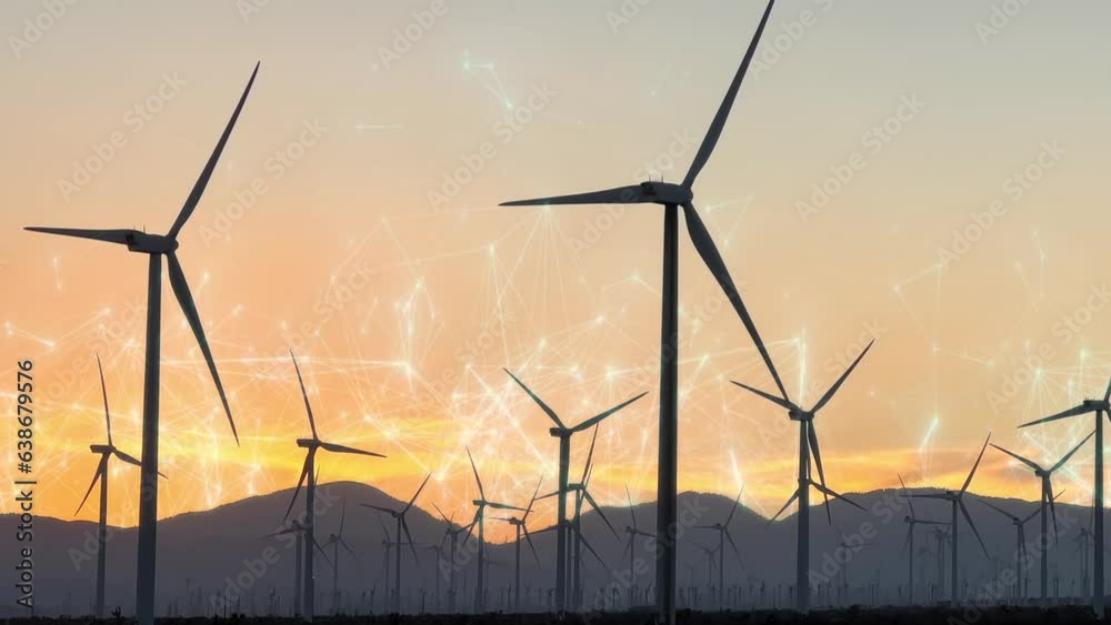 Wind Turbines with VFX overlay graphics at sunset, renewable energy ...