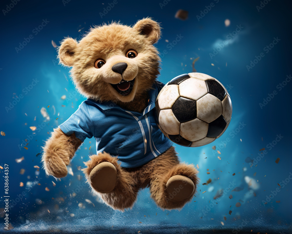 Adorable little brown bear playing with a soccer ball. Teddy having fun ...