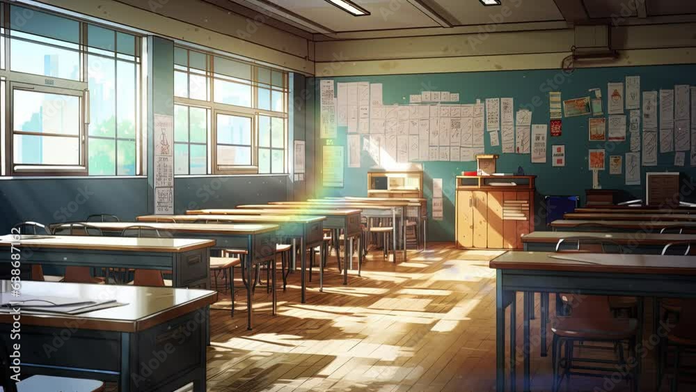 Empty classroom with chalkboard and rows of desks. Anime art style ...