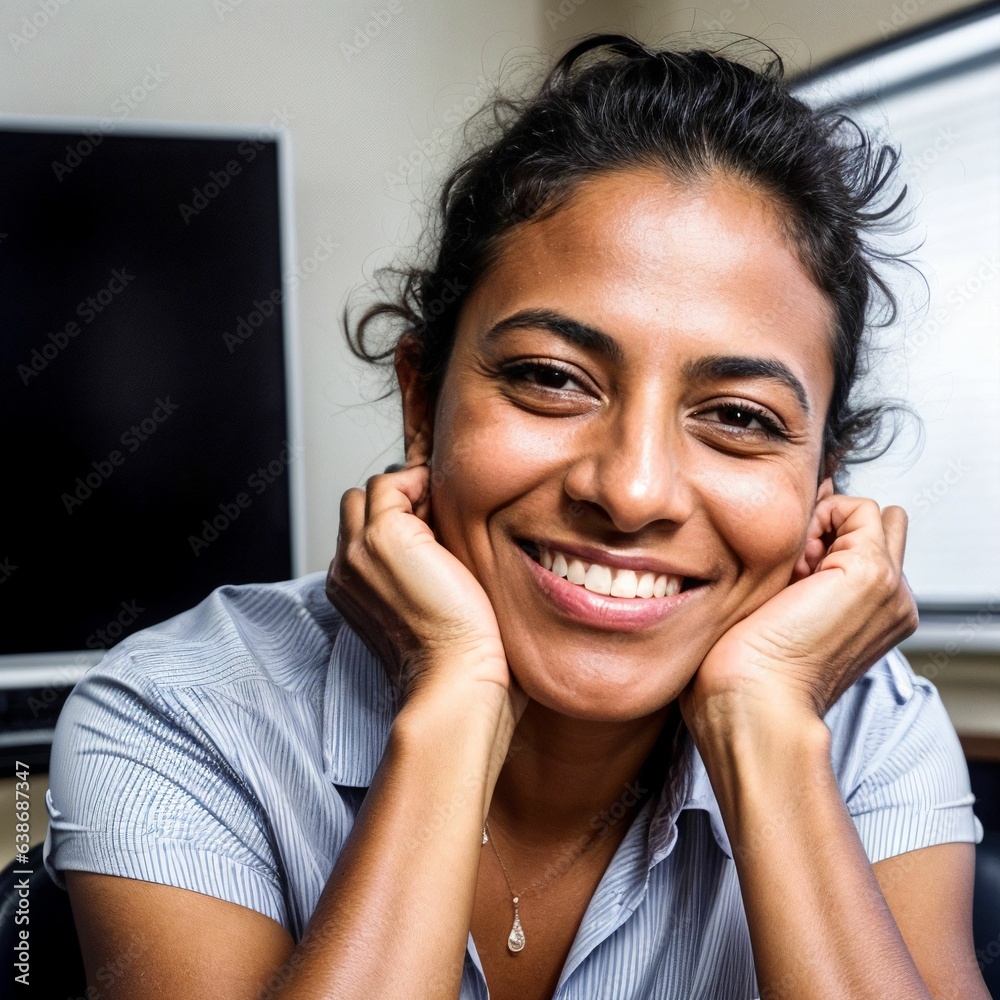 Professional Indian Hispanic Ethnic woman in a virtual meeting talking ...