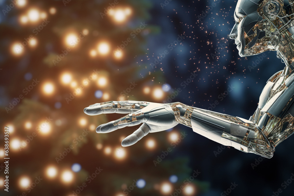 Giving and Helping hand concept in digital world. The silver man arm ...