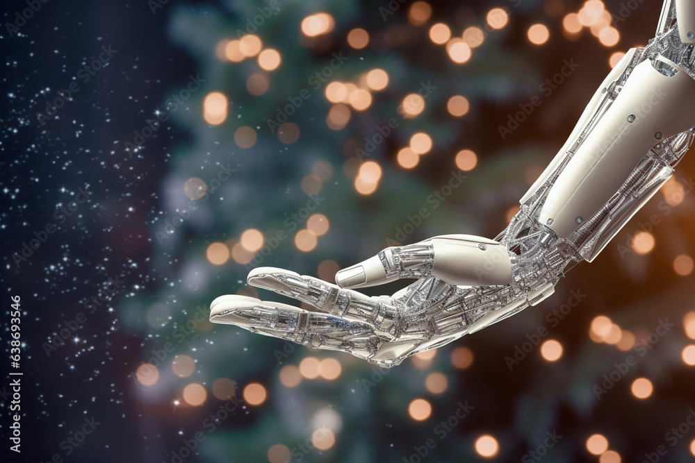 Giving and Helping hand concept in digital world. The silver man arm ...