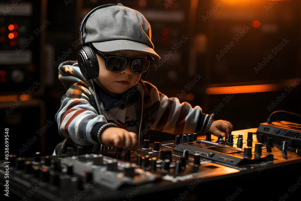 Kid dj in headphones black glasses mixing music on sound mixer scratch ...