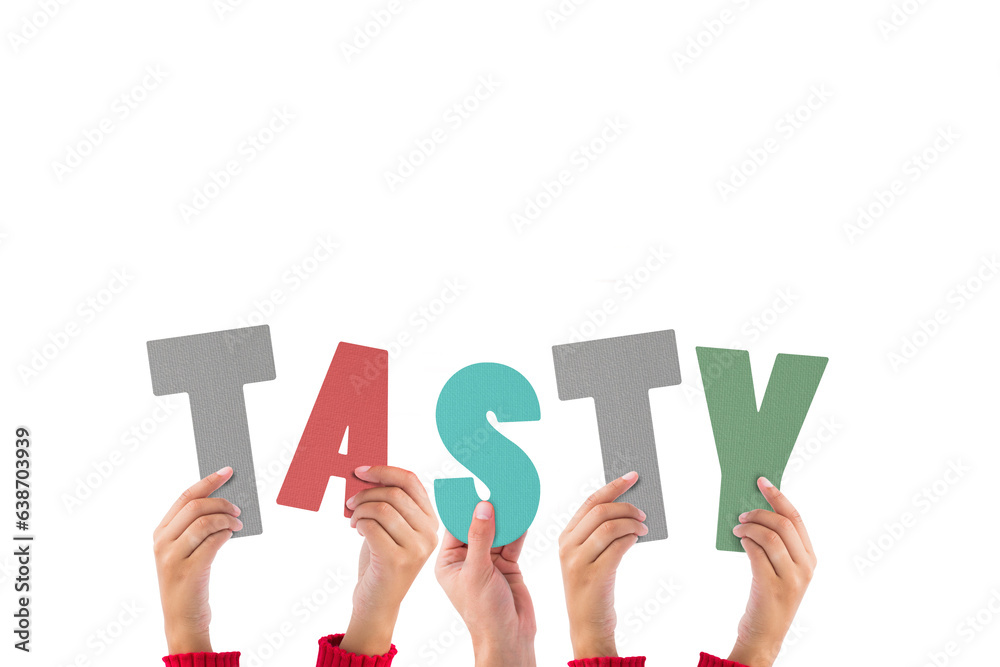 Digital png illustration of hands with tasty text text on transparent ...