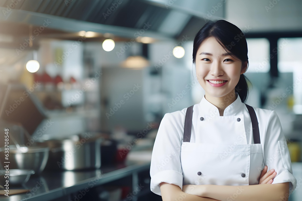 Smiling Asian female chef with a white apron in a restaurant kitchen ...