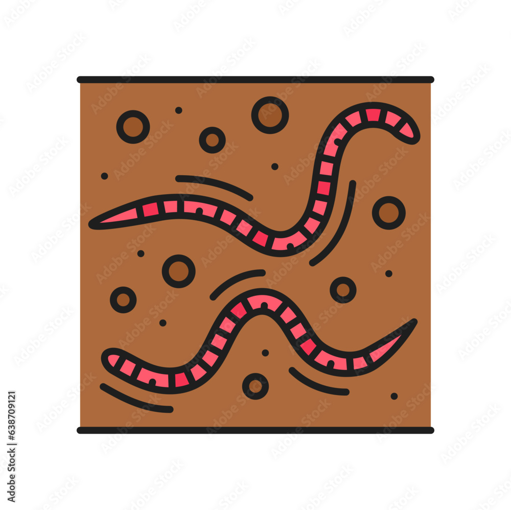 Earthworm soil composting, agriculture fertilizer color line icon ...