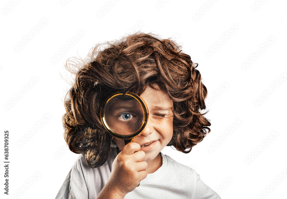 Child see through magnifying glass on the png backgrounds. Stock Photo ...