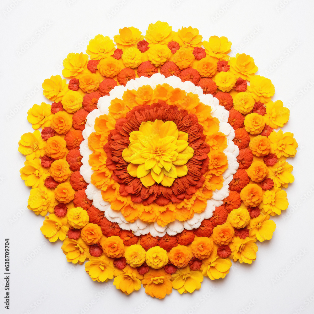 Flower Rangoli for Diwali festival made using Marigold or Zendu flowers ...
