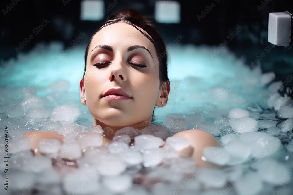Young woman floating in ice bath filled with cubes of ice. AI Stock ...