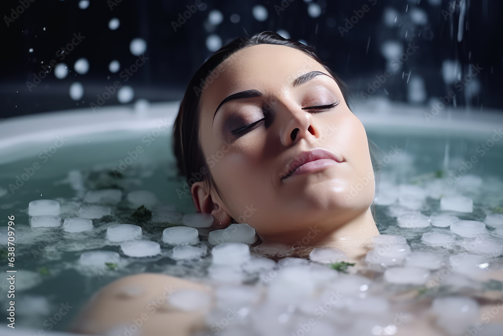 Relaxed woman with closed eyes in ice bath filled with cubes of ice. AI ...