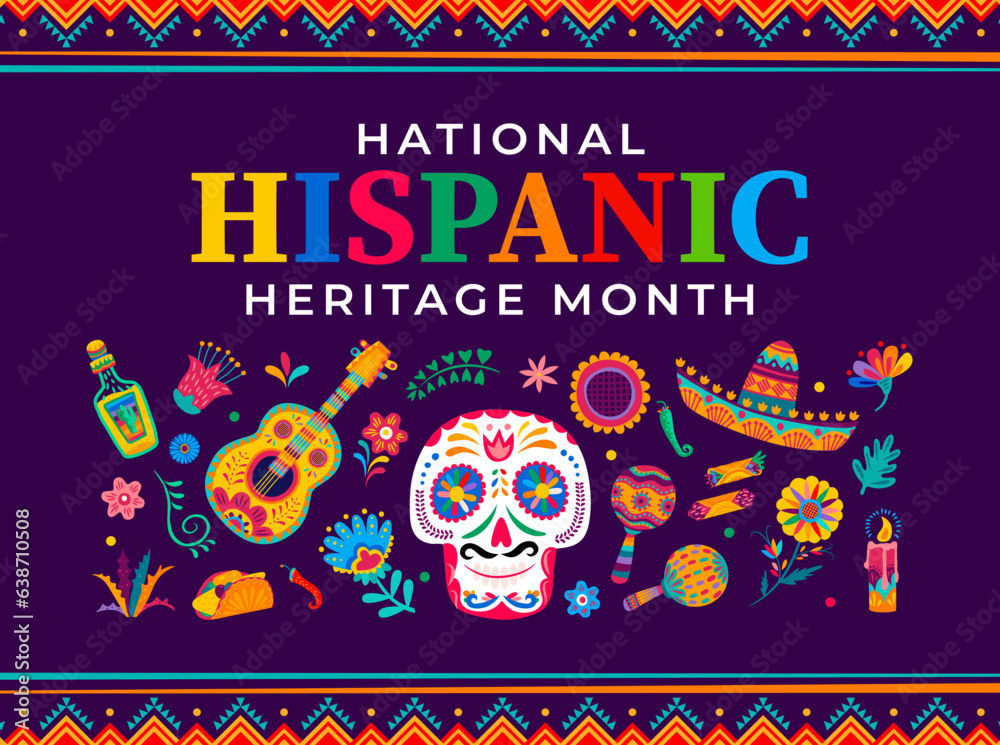 Calavera sugar skull, tropical flowers and musical instruments, food on ...