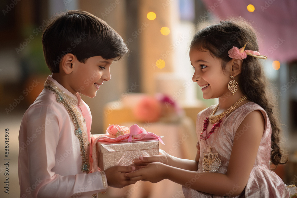 Little boy and girl giving gifts to each other on festival. Stock Photo ...