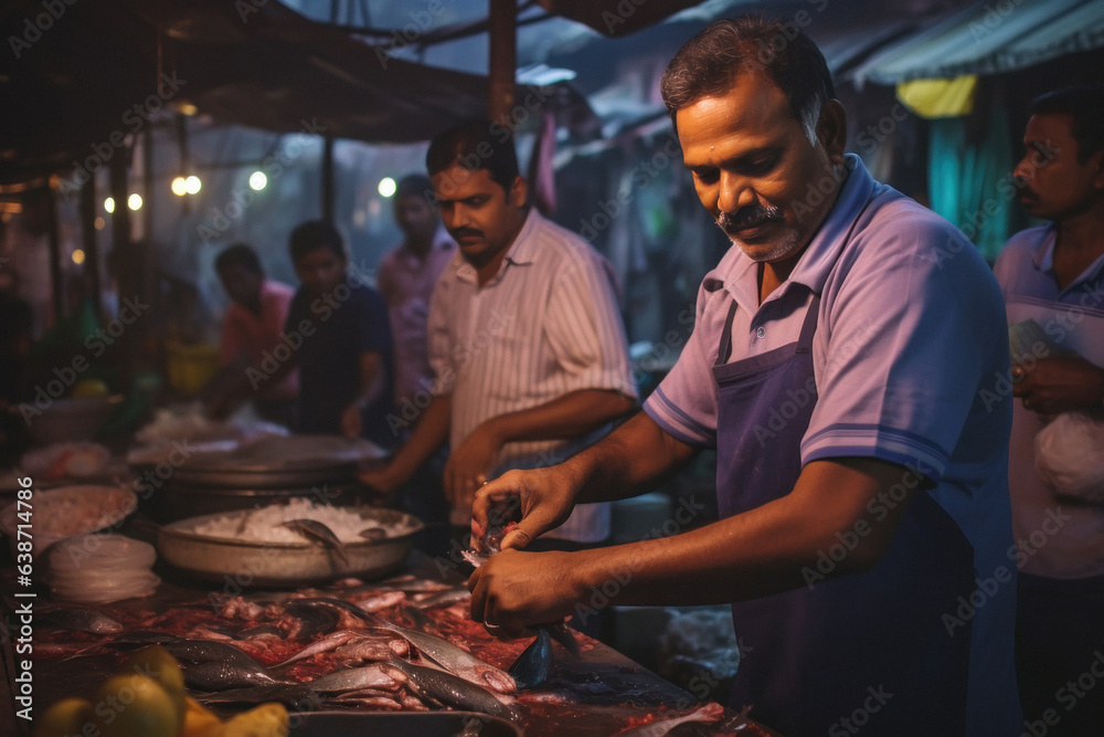 Indian man selling fish at fish market Stock Photo | Adobe Stock