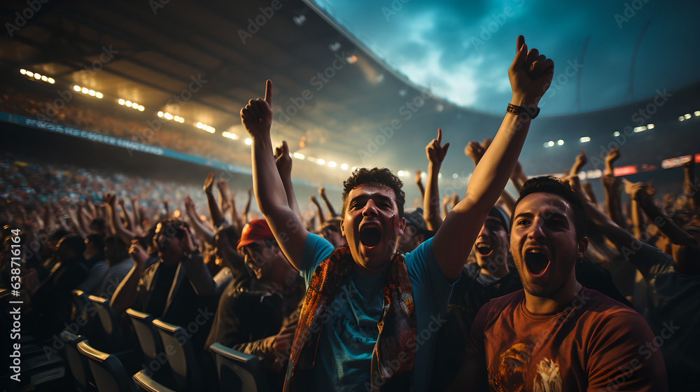 Portrait of excited sports fans cheering during a match in stadium ...